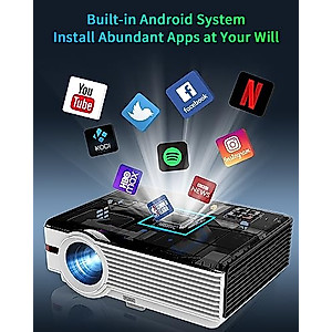 Native 1080P Full HD Video Projector for Outdoor Moives 200'' Display 9000 Lumens Wireless Bluetooth WiFi Projector Smart Home Theater Projector Gaming,Zoomable,10W Speakers,iOS,Android,TV Stick