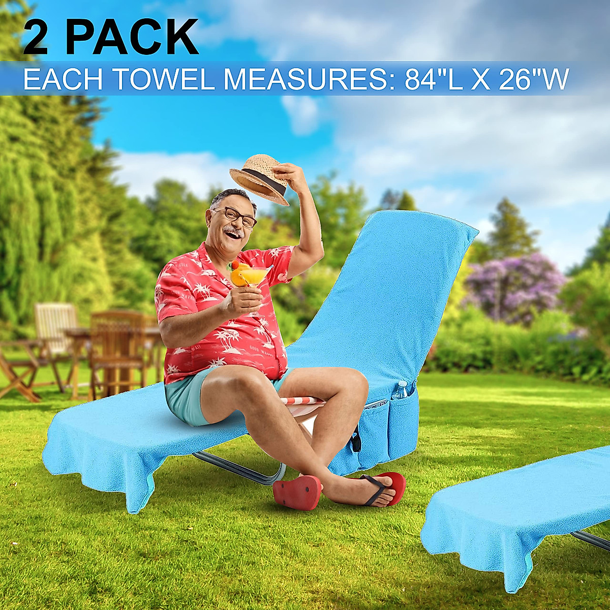 Kovot Beach Chair Towel Cover – Super Absorbent and Soft – Chaise Lounge Chair Towel Cover with Pockets – 84 x 26 Inches Light Blue Quick Drying Tanning Towel Cover – 2 Pack
