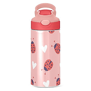 ALAZA Ladybug White Hearts Kids Water Bottles with Lids Straw Insulated Stainless Steel Water Bottles Double Walled Leakproof Tumbler Travel Cup for Girls Boys Toddlers 12 oz,Pink