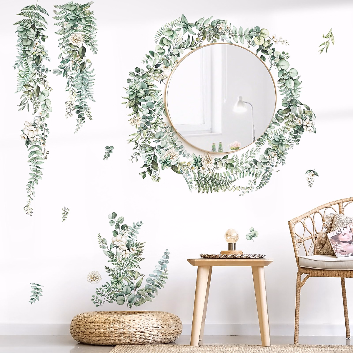 decalmile Large Hanging Vines Wall Decals Green Plants Tropical Leaves Flower Wall Stickers Bedroom Living Room Sofa TV Background Wall Decor