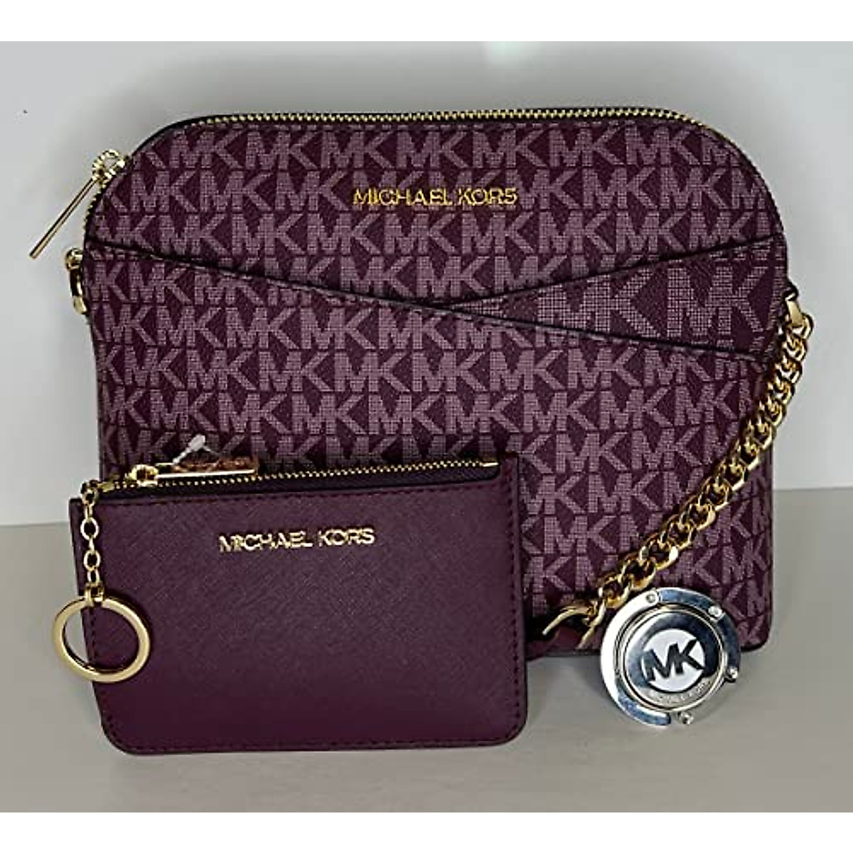 Michael Kors Jet Set Travel MD Dome XCross Crossbody bundled with SM TZ Coinpouch Purse Hook (Signature MK Bordeaux/Bordeaux)