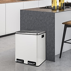 Arlopu 8 Gallon Dual Trash Can, 30L(2X15L) Stainless Steel Kitchen Garbage Can, Step-on Classified Recycle Garbage Bin with Removable Inner Buckets, for Kitchen, Living Room, Office (White)