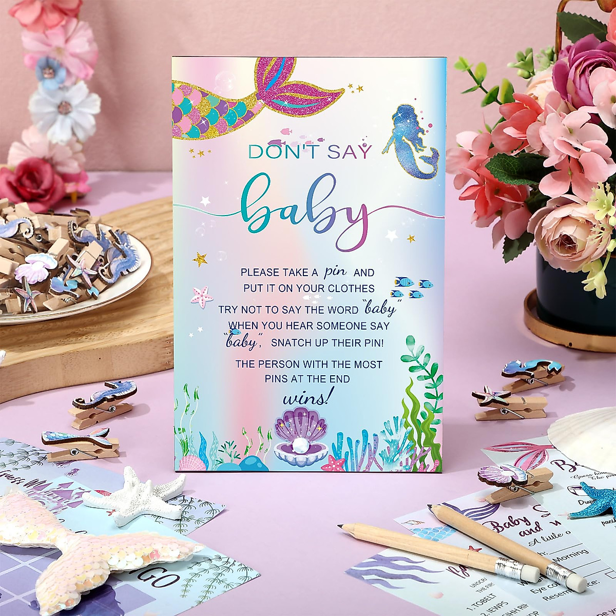 Patelai 321 Pcs Baby Shower Games Supplies, 5 Sets (50 Cards Each) Activities Cards with 20 Pencils 1 Don't Say Baby Sign 50 Clothespin(Mermaid)