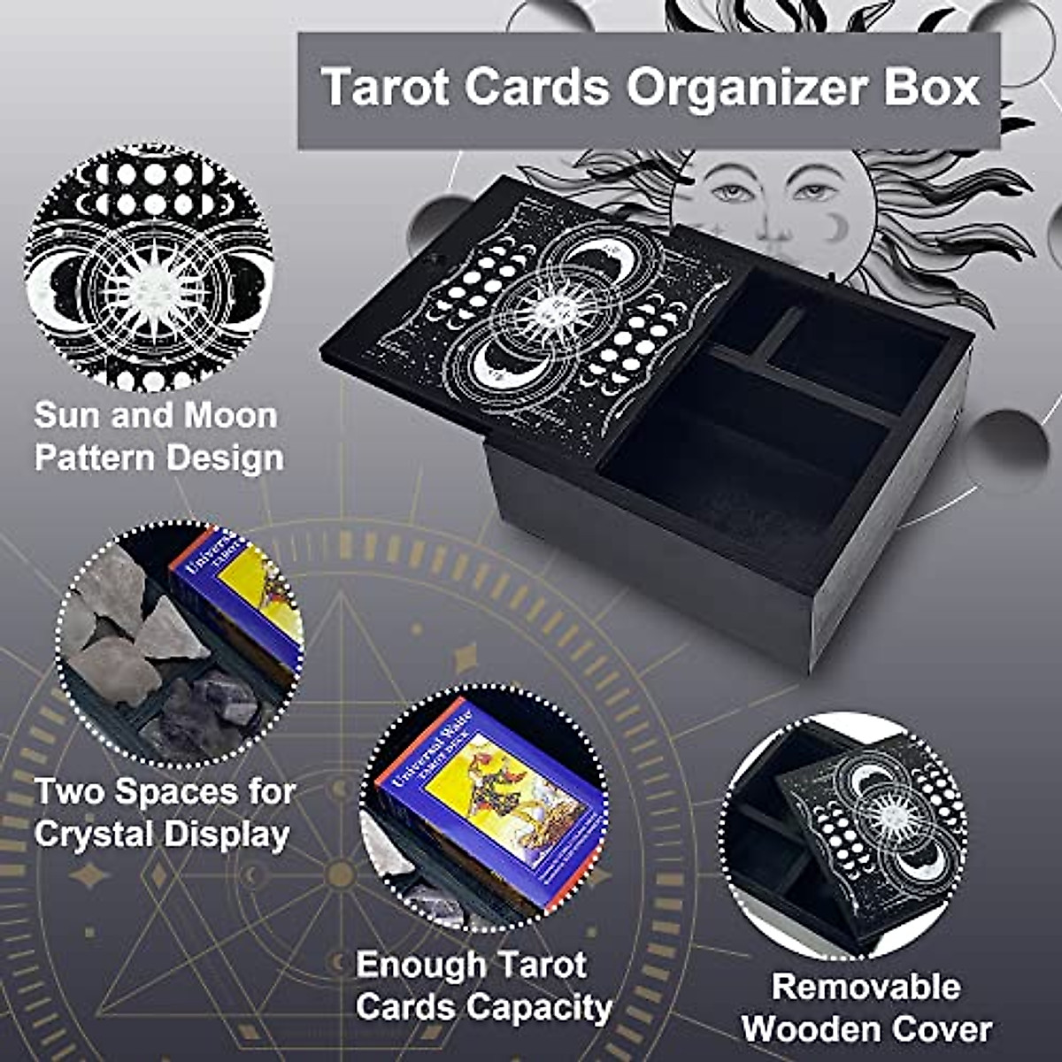 Hukalw Wooden Tarot Card Case Holder, Deck Box Organizer Storage Compatible with Most sizes Cards, 3 Storage Compartments