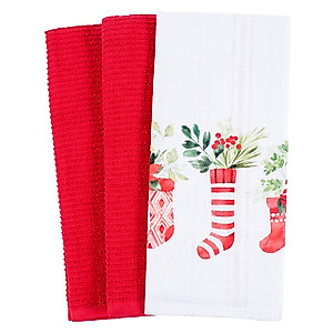 KAF Home Holiday Mixed Flat and Terry Printed Dish Towel Set of 3, 100-Percent Cotton, 18 x 28-inch (Stockings)