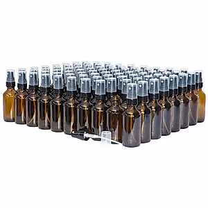 GlassBottleOutlet (Pack of 80) 2 oz. Amber Boston Round with Black Fine-Mist Sprayer