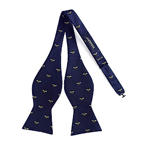 HISDERN Men's Bee Pattern Self Bow Tie And Pocket Square Set Wedding Party Accessories,Navy Blue & Yellow,One Size