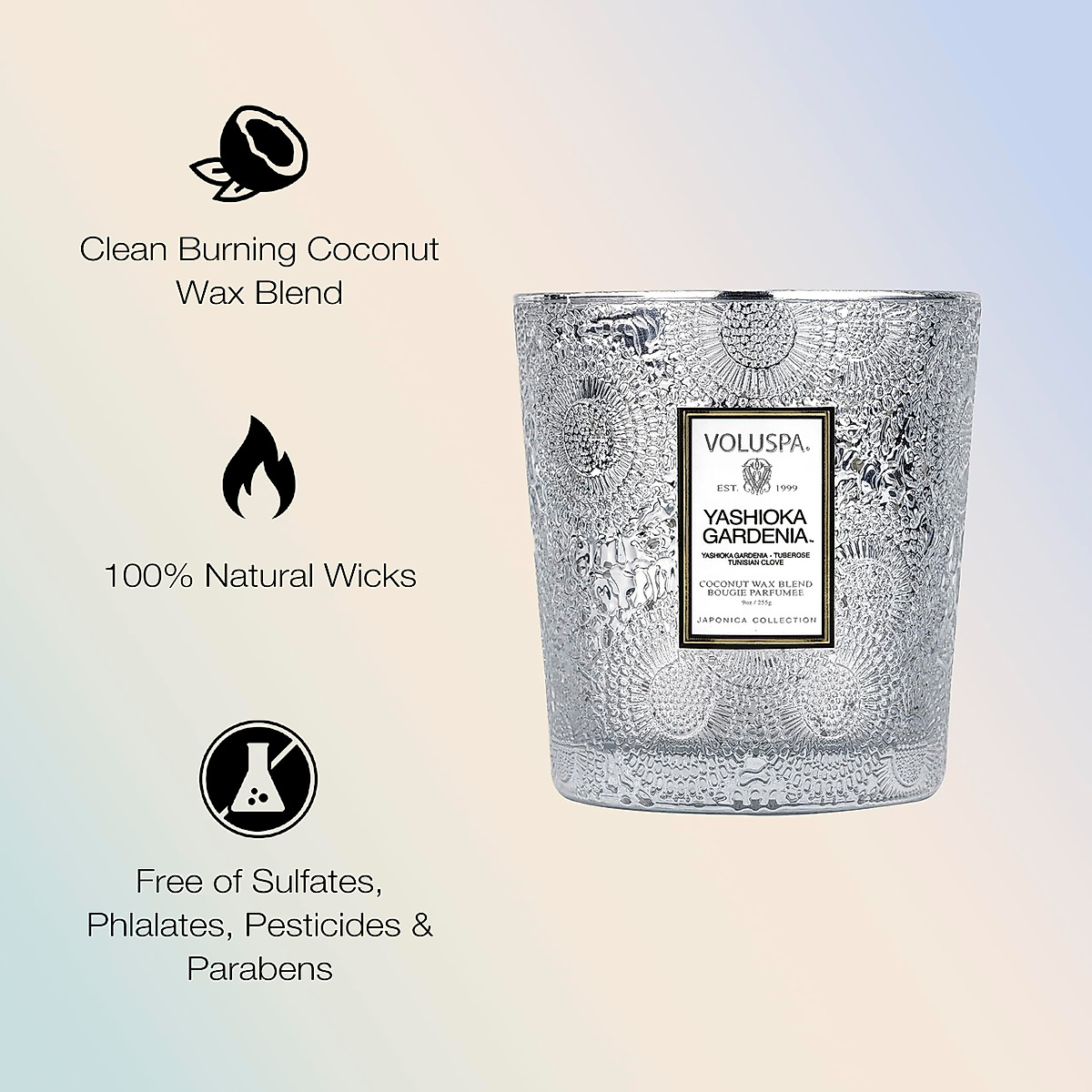 Voluspa Yashioka Gardenia, Classic Boxed Candle, 9 Ounce, 60 Hour Burn Time, All Natural Wicks and Coconut Wax for Clean Burning, Vegan, Poured in The USA