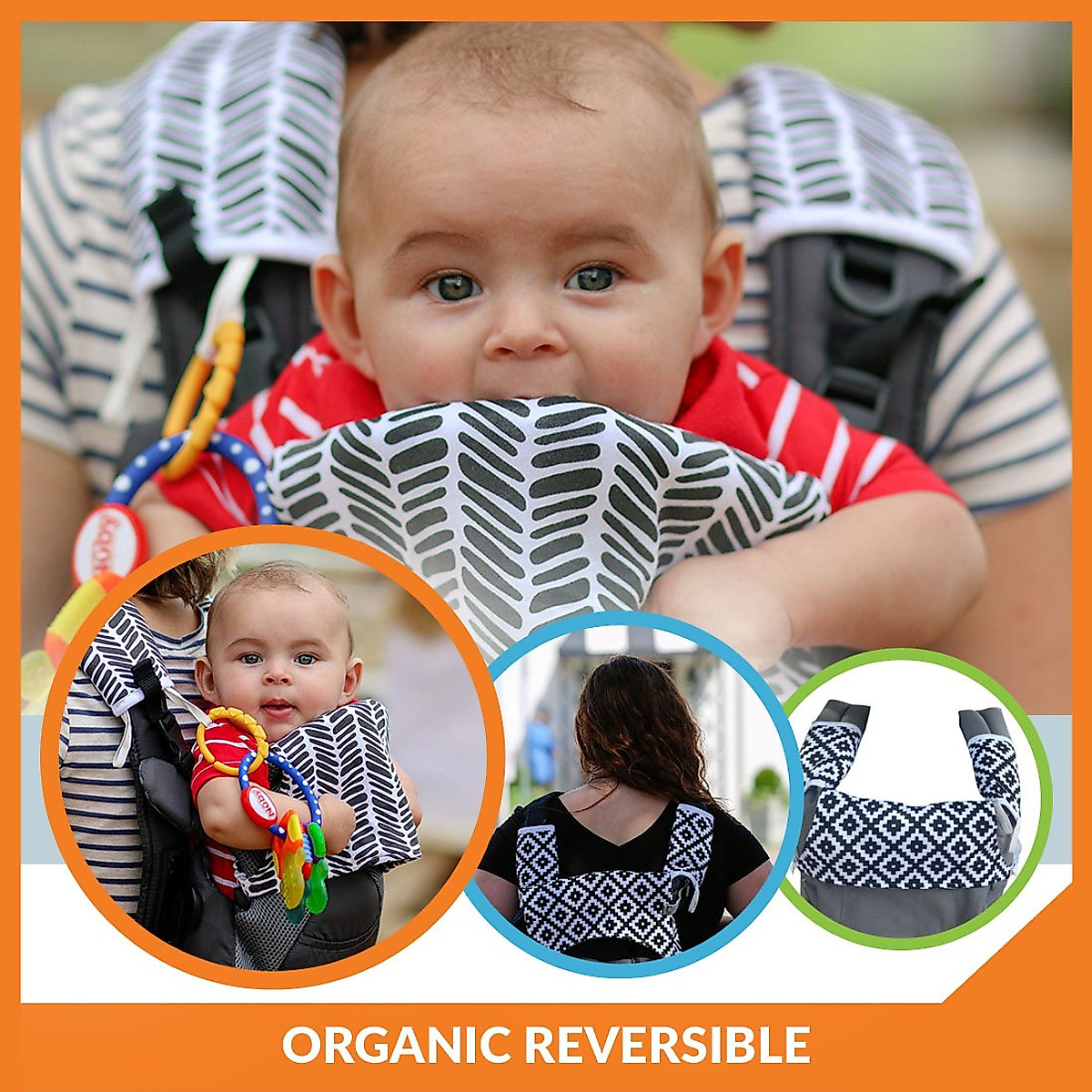 Drool & Teething Pad | Fits All Carriers | Reversible Organic Cotton 3-Piece Set - Ideal for Infant Toddler Girls & Boys [Patent Pending]