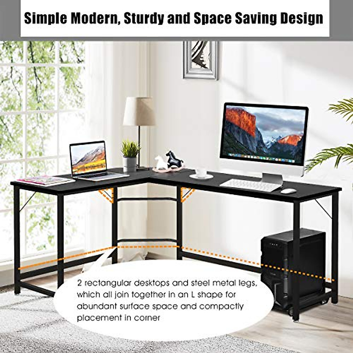 Tangkula L-Shaped Desk, 66 Inch Home Office Computer Desk PC Laptop Study Table with CPU Stand & Spacious Surface, Computer Workstation with Adjustable Foot Pads, Black