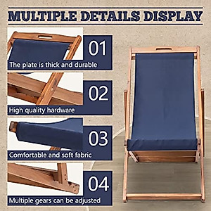 Beach Chair Lounge Chair 2 Set Outdoor Wooden Patio Beach Sling Chair Adjustable Portable Folding Chairs for Outside with Polyester Canvas Lounging Chair for Garden, Backyard, Poolside, Balcony(Blue)
