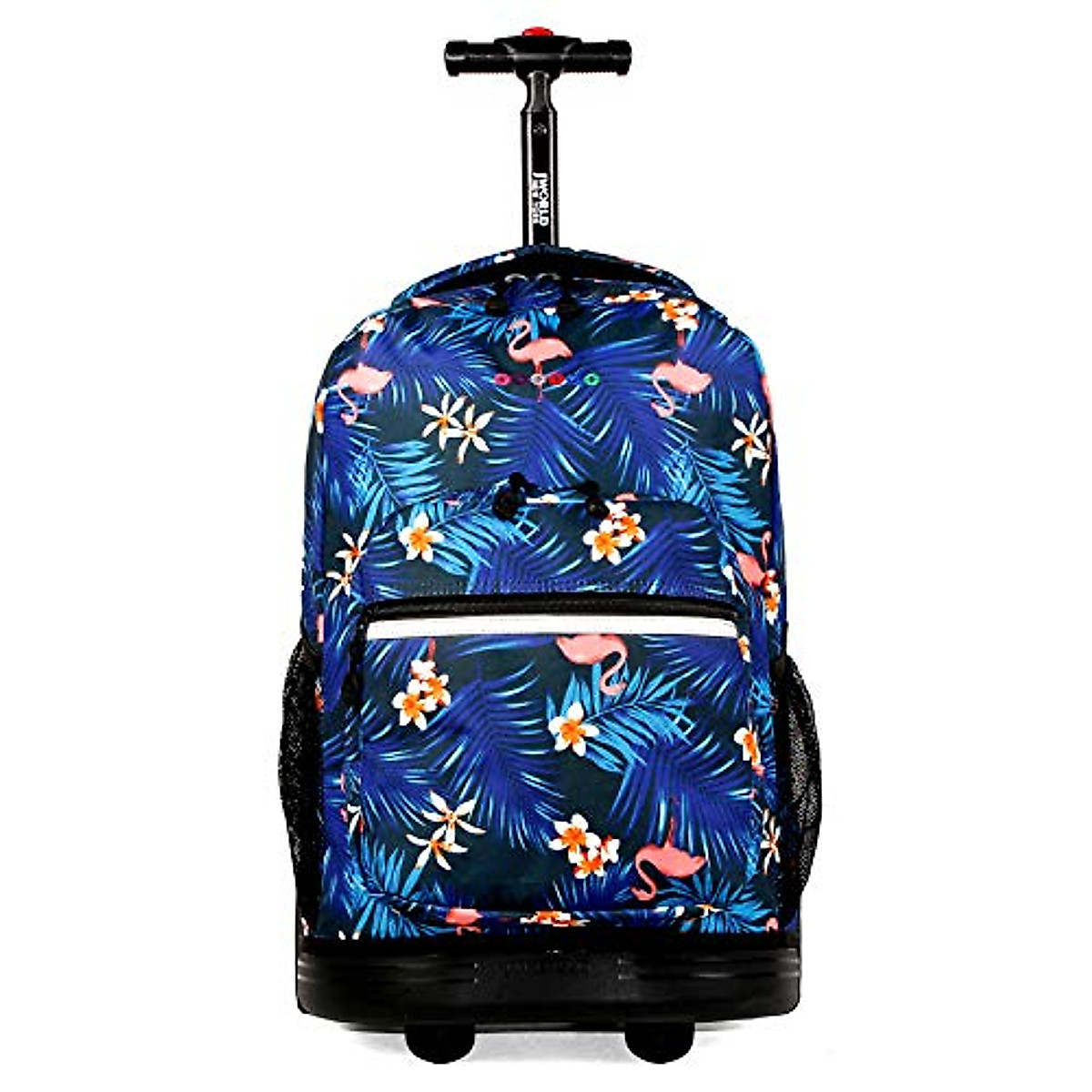 J World New York Sunrise Kids Rolling Backpack for Girls Boys Teen. Roller Bookbag with Wheels, New Flamingo, 18"