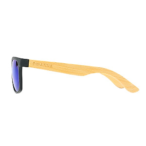 Piranha Klaus Black Frame Sunglasses with Bamboo Temples and Mirrored Blue Lens