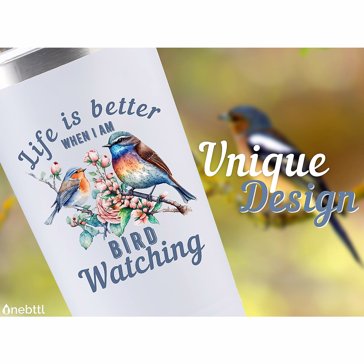 Onebttl Bird Watching Gifts, Bird Watching Tumbler for Bird Lovers & Bird Watchers, 20oz Stainless Steel Insulated Tumbler with Lid & Straw, Gift Card & Box Included, Best Gift for Birthday - White