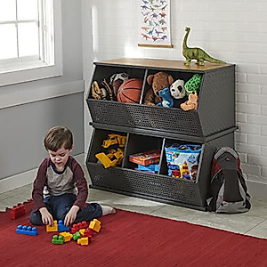 Badger Basket Metal and Bamboo Two Bin Stackable Charcoal/Natural Toy Storage Cubby