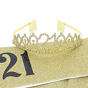 CURASA Gold Finally 21 Birthday Crown and Sash Kit for Women Girls 21st Birthday Tiara and Sash Set for Girls Rhinestones Crowns and Sash 21st Birthday Gift for Women 21st Birthday Decorations for Her