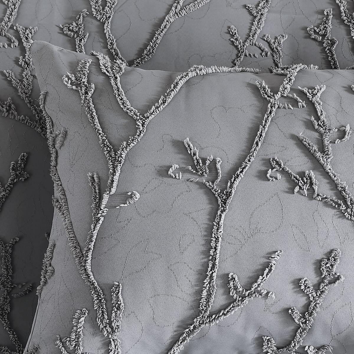 Queen Size Duvet Cover Set - 3-Piece Shabby Chic Branches Tufted Embroidery Duvet Cover Set for All Seasons, Grey, 90 x 90 Inch