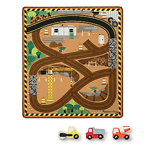 Melissa & Doug Round the Construction Zone Work Site Activity Play Rug With 3 Wooden Trucks (39" x 36")