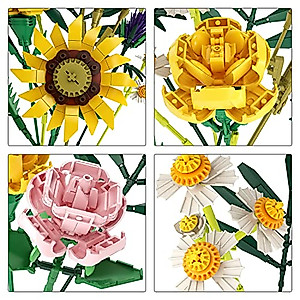 PinkBee Flower Bouquet Flowers Rose Sunflower Building Block Sets Christmas Valentines Gifts Creative Home Decor Toys Kits for Her Girlfriends Women Adults Wife Kids 6+ 6-12 8-12
