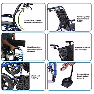 Strongback Mobility Excursion 12S+AB Lightweight Folding Wheelchair for Adults and Seniors - Transport Chair with Built-in Adjustable Lumbar Support; 18" Seat (12" Rear Wheels)