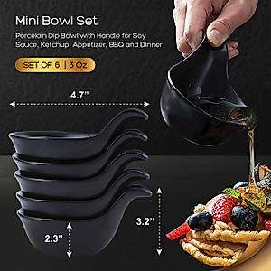 Bruntmor Matte Glazed Set Of 6 Side Dish Porcelain Dip Bowl Set with Handle, for Soy Sauce, Ketchup, Appetizer, For BBQ and Dinner, 3 ounce, Black