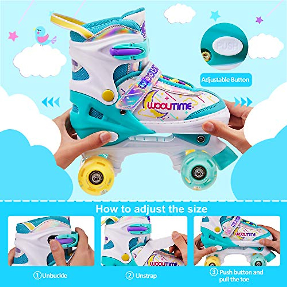 Woolitime Adjustable Roller Skates for Girls and Boys, 4 Size Adjustable Toddler Roller Skates for Kids with All Wheels Light Up, Patines para Niñas Niños