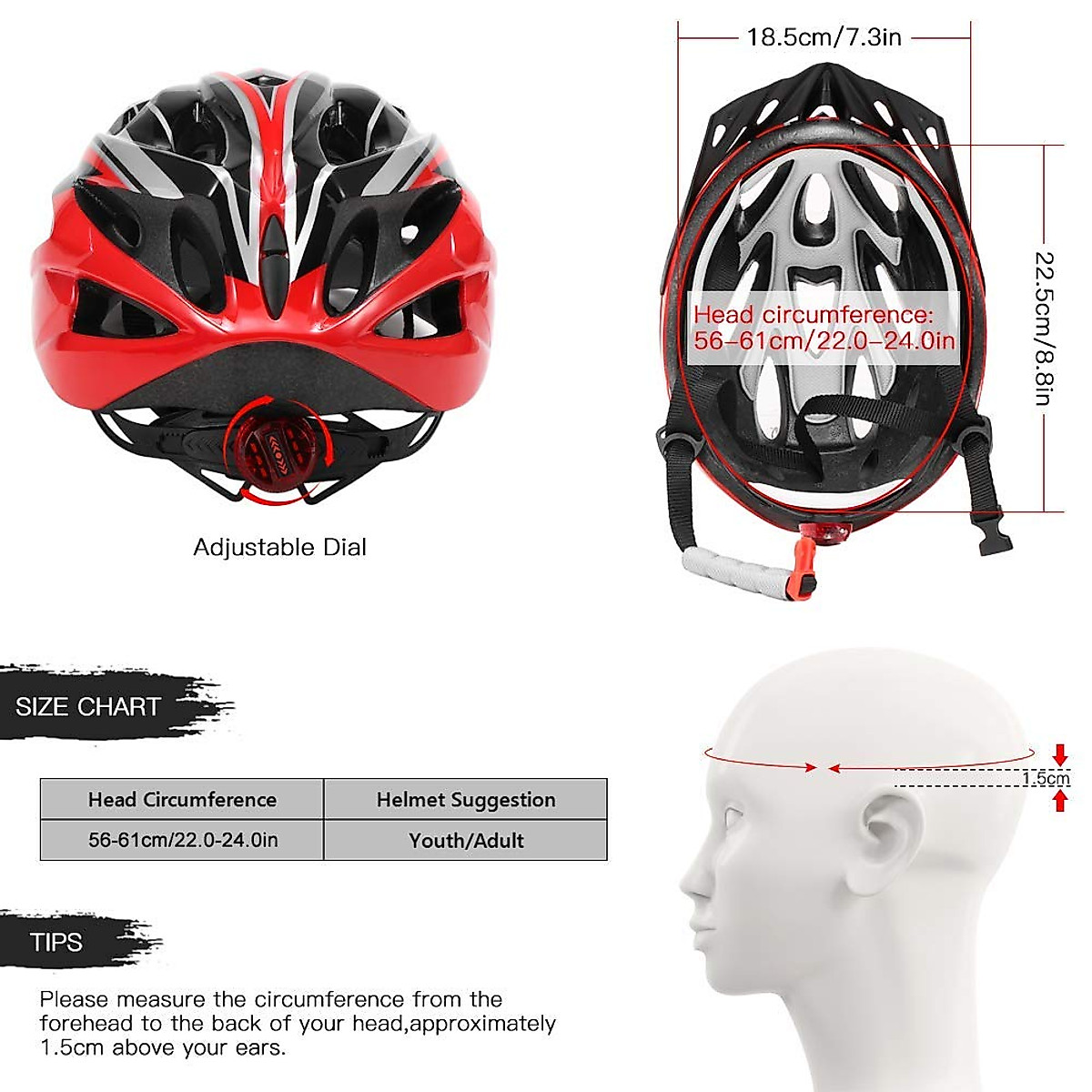 Lixada Adult Bike Helmet,Mountain Bike Helmet MTB Bicycle Cycling Helmets,Adjustable Dial-Fit Integrally Molding Lightweight Helmets with LED Back Light for Men and Women