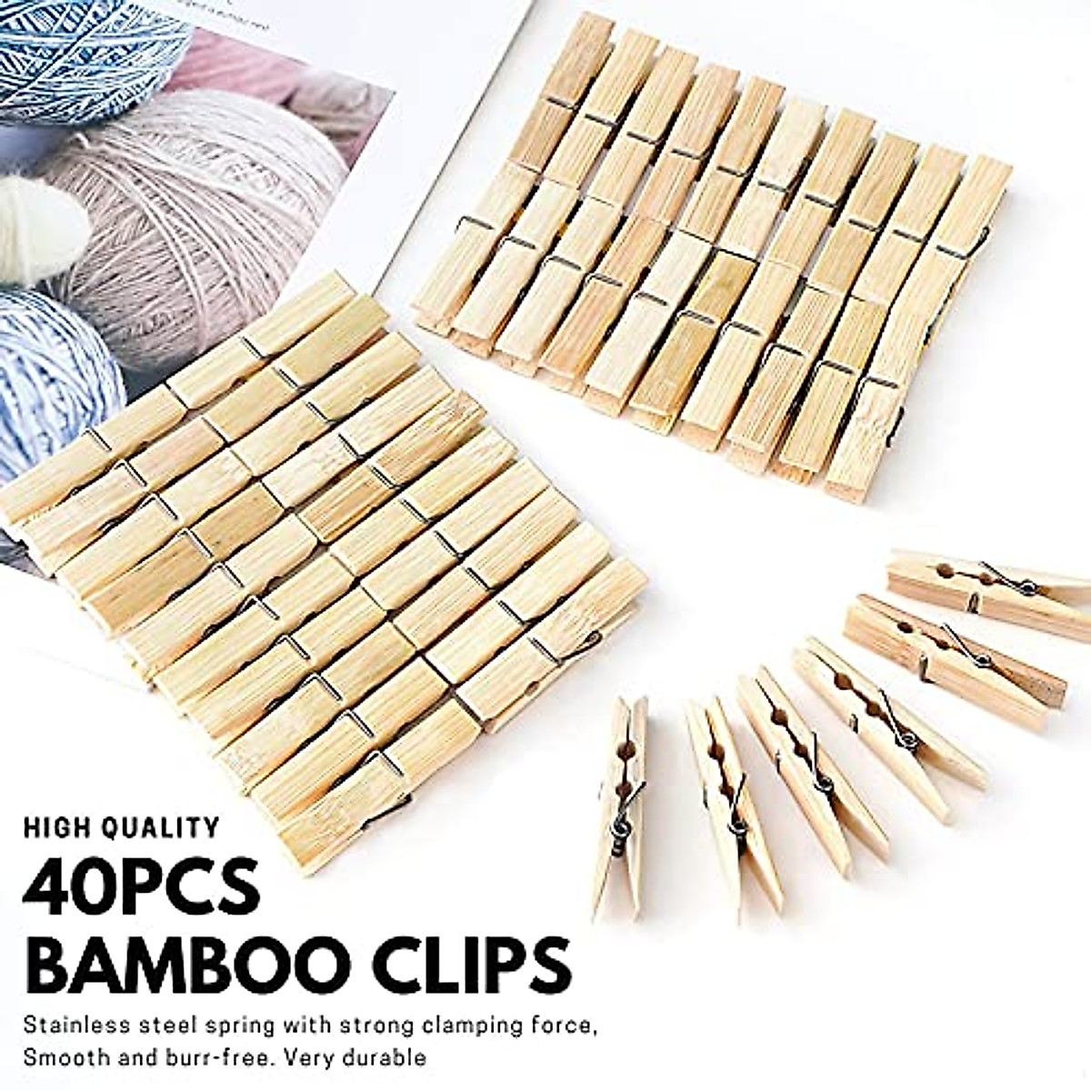 Loliyas Clothes Pins, Bamboo Wooden Clothespins Wood Clips, Small Close Pins Clothing Pins Clothes Pegs for Photos Crafts Pictures Baby Hanging Clothes Clothesline Laundry Clip, 40 Pack 2.4 Inch