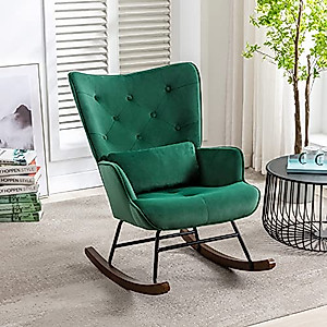 YOUTHUP Rocking Chair Nursery, Solid Wood Legs Reading Chair with Lazy Velvet Upholstered and Waist Pillow, Nap Armchair for Living Rooms, Bedrooms, Offices, Best Gift, Green