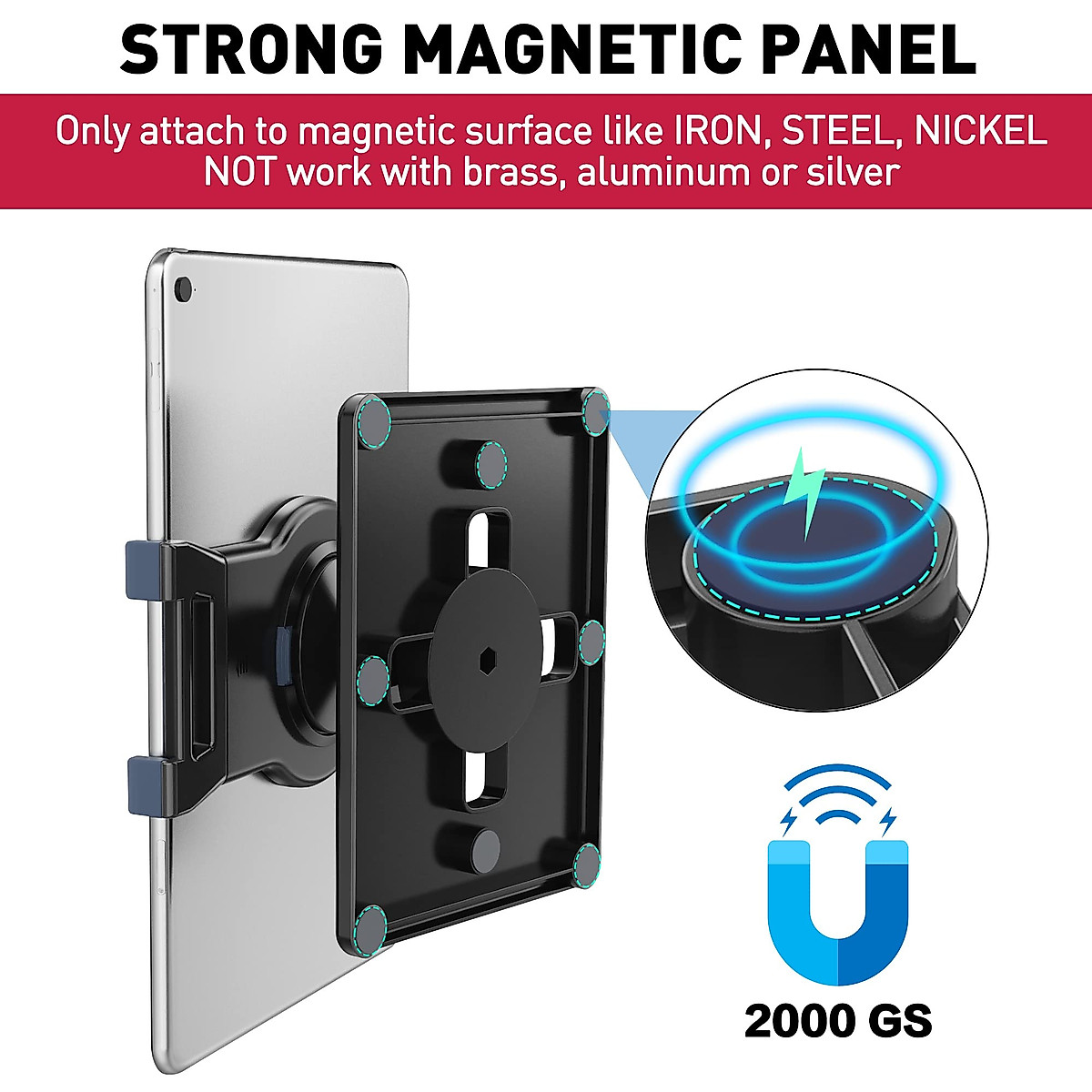 AboveTEK Universal Magnetic iPad Wall Mount, Swivel Holder, 360° Rotating Clamp Fits 6-13" Display Tablets, Strong Attach to Metal Surface on Cabinet Whiteboard Kitchen Fridge Steel Car Chasis