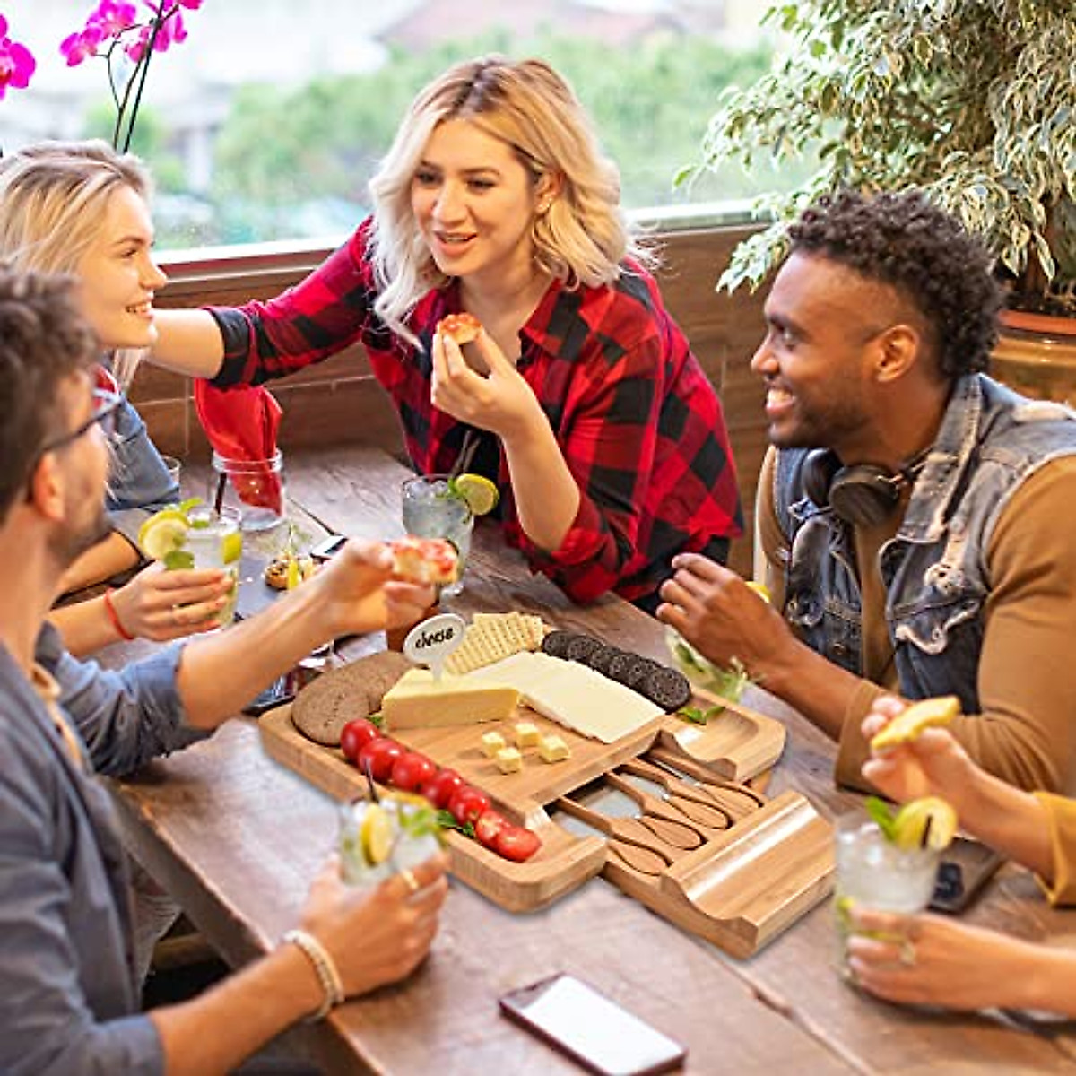 FITNATE Bamboo Cheese Board Set, 13inch Square Charcuterie Board with Cutlery in Slide-Out Drawer Including 4 Stainless Steel Serving Utensils, Gift for Christmas, Birthday, Wedding, Housewarming