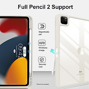 MYGROO for iPad Pro 11 inch case 2022(4th Gen),Case for iPad Pro 11 (2021/2020) with Pencil Holder, Slim Smart Cover with Clear Shell, Support Wireless iPad Pencil Chargin(Creamy White)