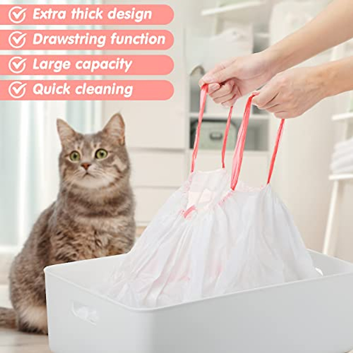Thenshop 60 Count Litter Box Liners 36'' x 18'' Jumbo Cat Pan Liners Drawstring Cat Supplies Extra Large Disposable Cat Litter Bags Cat Box Liners for Trash Waste Easy Cleaning Litterbox Tidy()