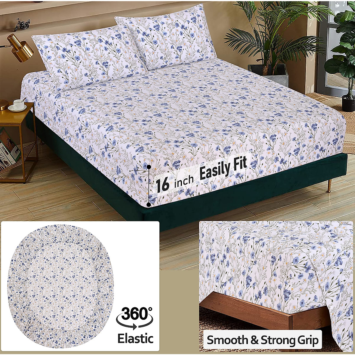 RUVANTI 100% Cotton Sheets - Crispy Cooling Percale Sheets for Full Size Bed, Breathable & Durable Full Sheet Set, 16 Inches Deep Pocket Bed Sheets, Sweet Pea, 4 Pieces