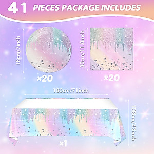 Juhap Iridescent Diamond Birthday Party Supplies Decorations, Disposable Holographic Paper Tableware Includes 20 Plates 20 Napkins and 1 Tablecloth for Girls Kids Birthday Theme Party, Serve 20
