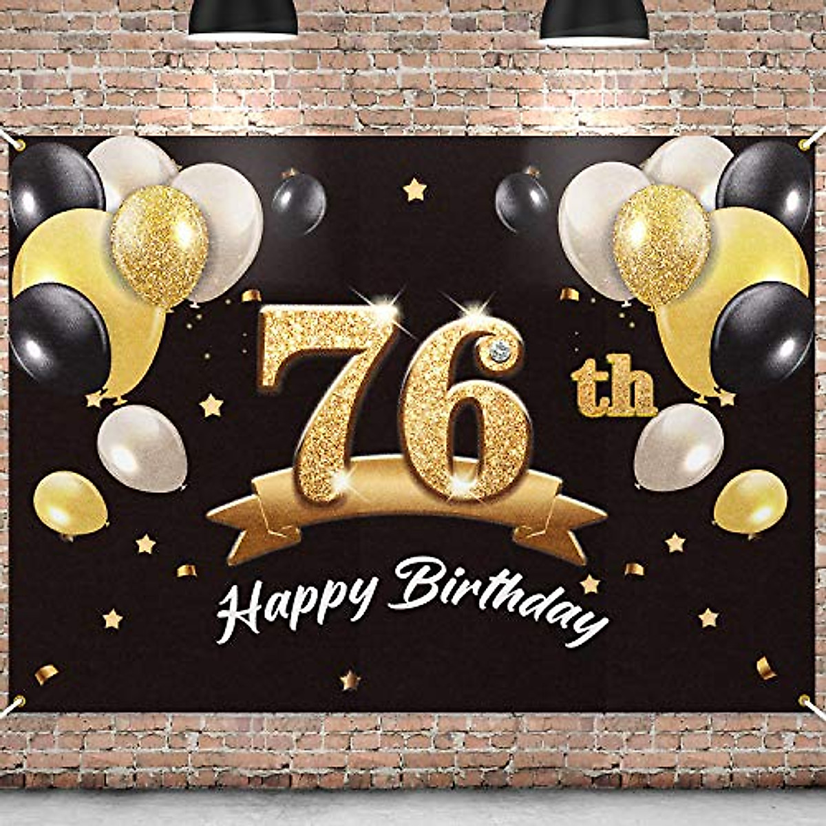 PAKBOOM Happy 76th Birthday Banner Backdrop - 76 Birthday Party Decorations Supplies for Men - Black Gold 4 x 6ft