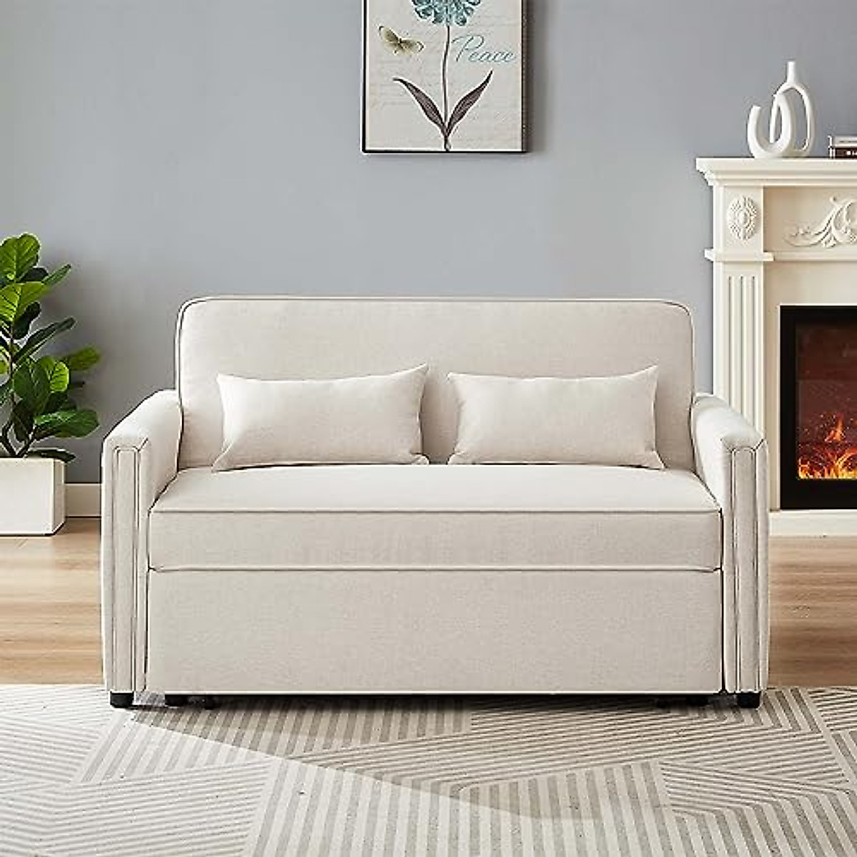 Antetek Sleeper Sofa Couch Bed, 54" Modern Linen 3 in 1 Convertible Loveseat Sleeper with Pullout Bed, Small Love seat Futon Sofa w/Adjustable Backrest for Living Room Bedroom, Ivory