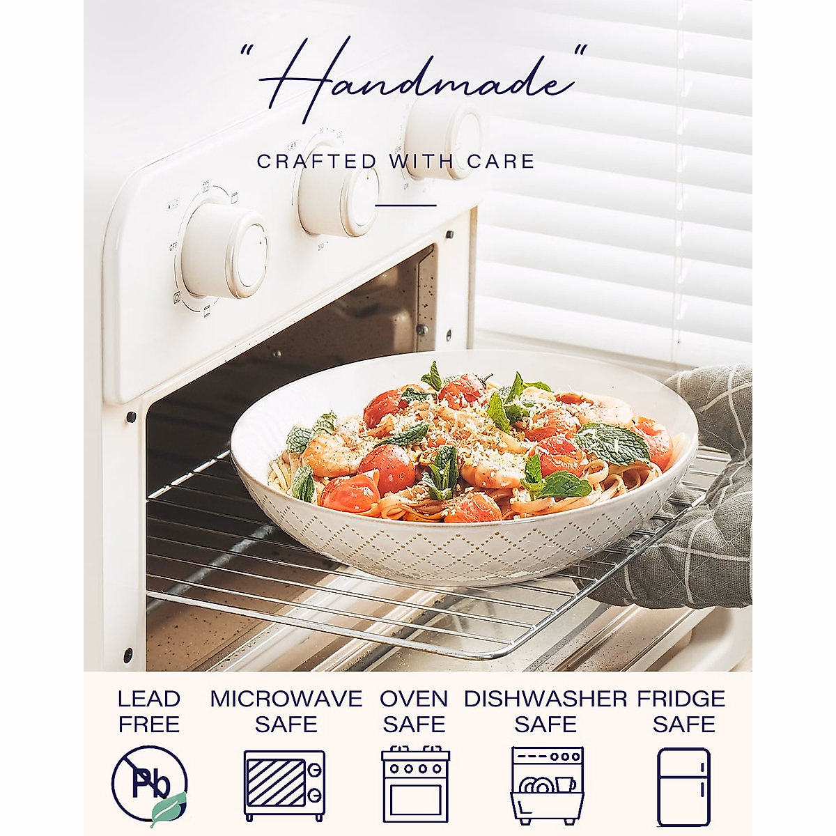 getstar Pasta Bowls, Large Salad Serving Bowls (9.2 inch/42 oz), Ceramic Bowl Plates Set of 4, Farmhouse Embossments, Microwave and Dishwasher Safe