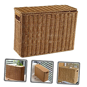 BUTIFULSIC Rattan Magazine Basket with Lid Thin Wicker Storage Decorative Sundries Organizer Handle Book Newspaper Rack