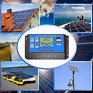 Solar Charge Controller, Lpluziyyds 10A Solar Panel Controller 12V/24V PWM Auto Parameter Adjustable LCD Display Solar Panel Battery Regulator with Dual USB Port