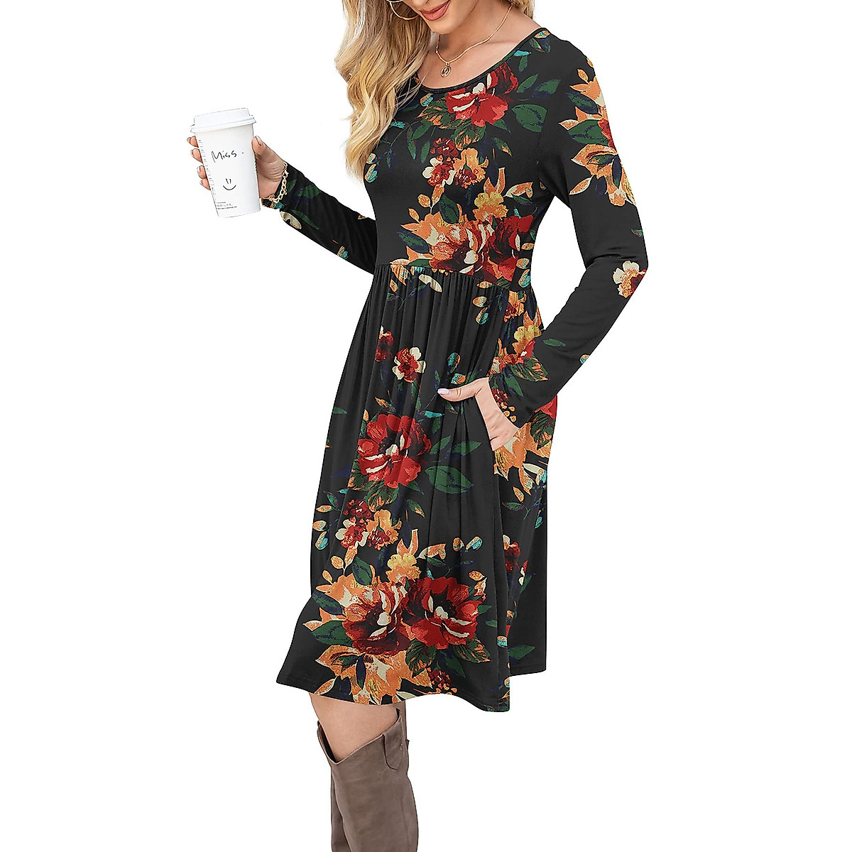 DB MOON Women Casual Long Sleeve Dresses Empire Waist Loose Dress with Pockets (Brown Floral Black, M)