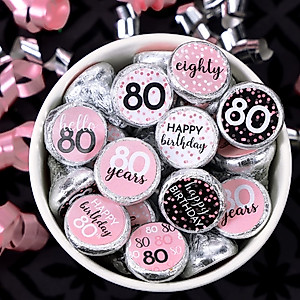 Pink, Black, and White 80th Birthday Party Favor Stickers, Chocolate Kisses Candy Stickers- 180 Count