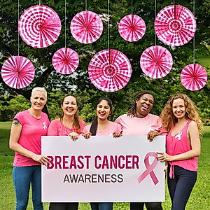 Outus 9 Pcs Breast Cancer Awareness Paper Fans Pink Ribbon Hanging Decorations Breast Cancer Hanging Paper Fans Ceiling Wall Garland for Pink Breast Cancer Party Decorations and Supplies