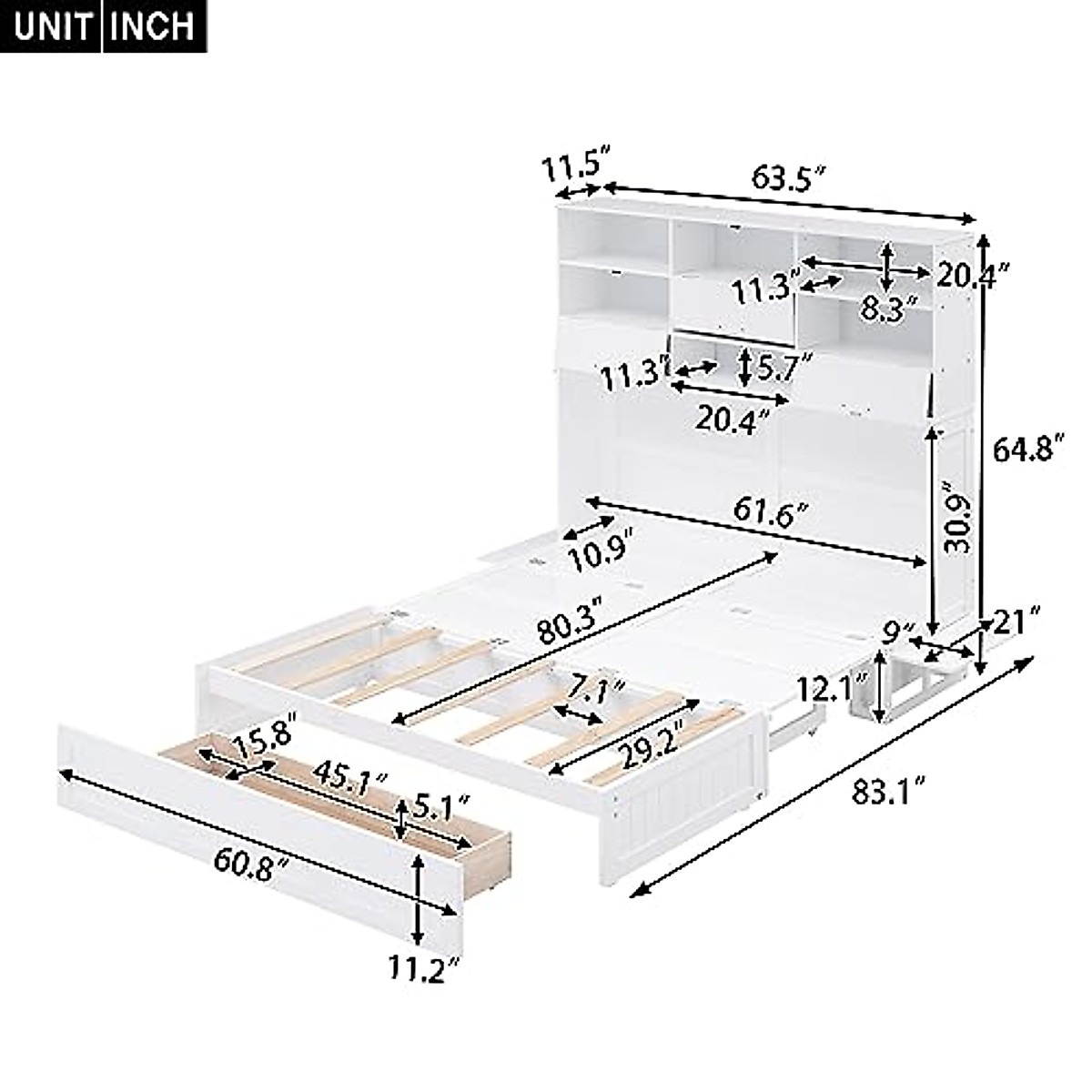 DEYOBED Queen Size Murphy Bed - Features Bookcase, Bedside Shelves, and Spacious Drawer - Space-Saving Solution for Guest Room or Home Office - White