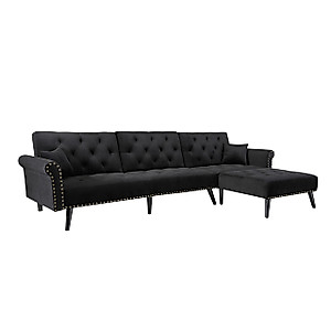 FULife Velvet Convertible Sleeper Sofa Bed, Reversible Sectional L-Shaped Couch with 2 Pillows and Right Chaise Lounge for Living Room Apartment Office Studio Furniture Sets, Black