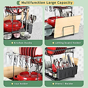 Dish Drying Rack - 2 Tier Dish Drying Rack with Drainboard Set, Large Dish Racks for Kitchen Counter, Dish Drainer Rack with Utensil Holder, Dish Strainers for Kitchen Counter, Black