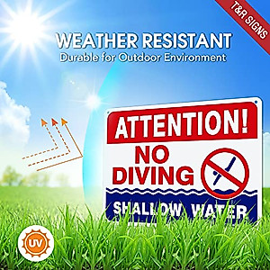 T&R No Diving Sign Shallow Water - 2 Pack - 10"x7" .040 Rust Free Heavy Aluminum, Reflective, Waterproof, Weatherproof and Fade Resistant, 4 pre-drilled holes, Easy to Mount