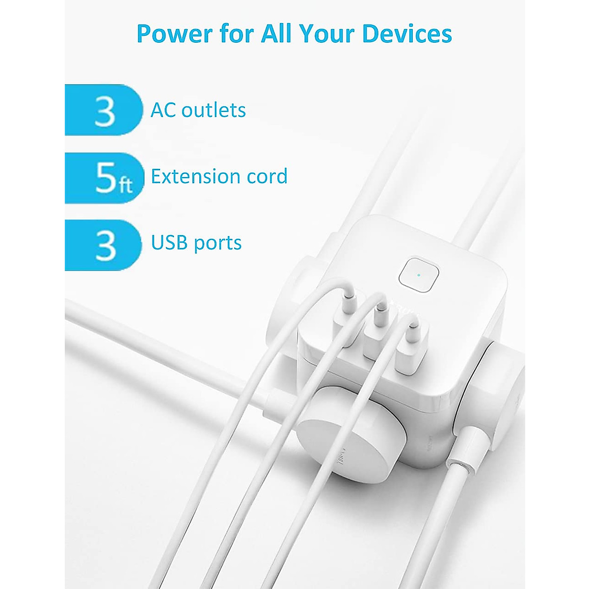 Power Strip Extension Cord with Multiple Outlets, BULL Power Strip with 3 USB Charging Ports 3 Outlets and 5ft Flexible Extension Cord, Travel for Cruise Ship Home Dorm Hotel Office