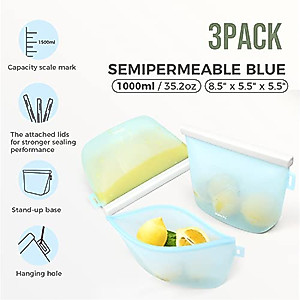 ZOMCHI Silicone Reusable Food Storage Bags, Leakproof Reusable Sandwich Containers, Snack Bags, Microwave Dishwasher Oven Freezer Safe, Food Grade Storage Bag for Meal Prep,Cereal,Fruit, 3 Pack, 33.82oz