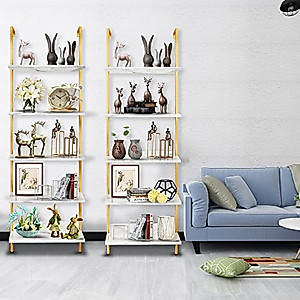 Wolawu 5 Tiers Ladder Shelf White Marble Modern Bookshelf Open Tall Wall Mount Bookcase Standing Leaning Wall Shelves Industrial Decorative